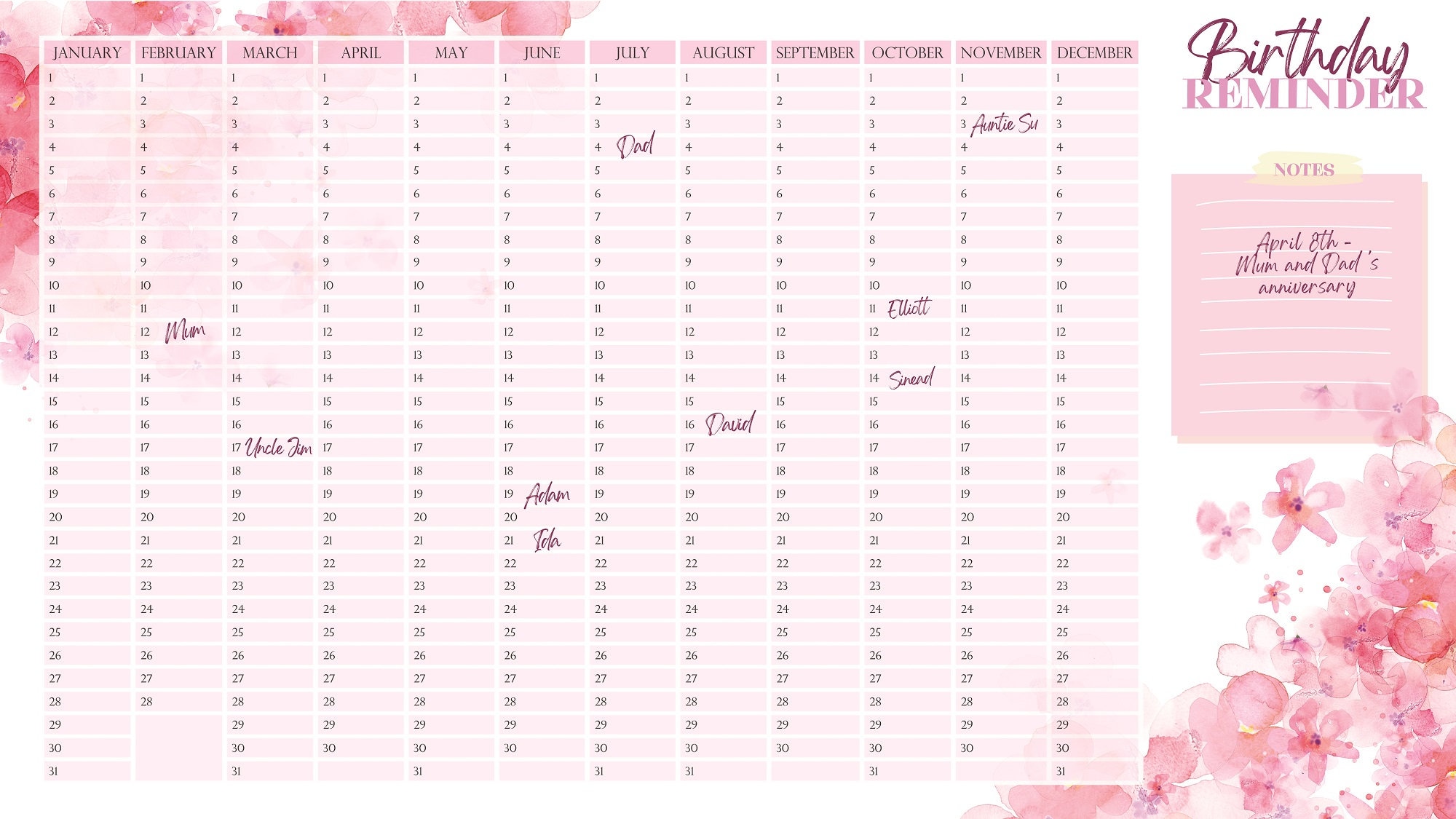 Perpetual Birthday Calendar With Notes PRINTABLE ︱ Instant Digital ...