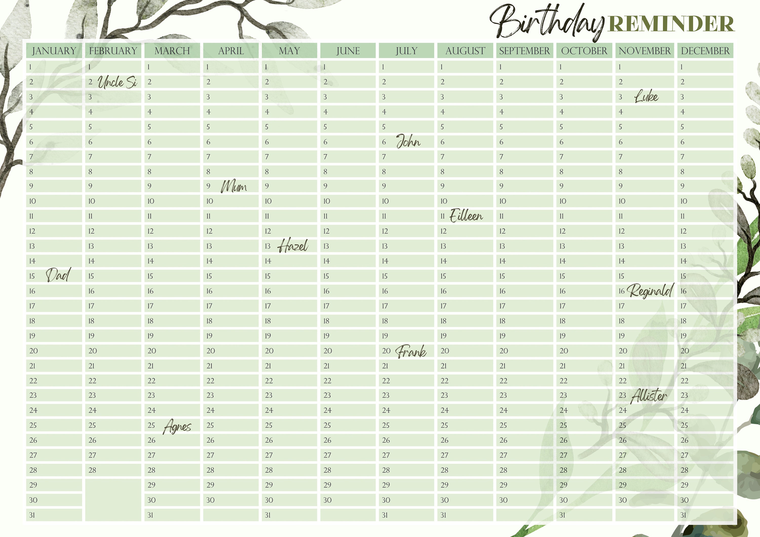 Perpetual Birthday Calendar PRINTABLE︱ Instant Digital Download ...