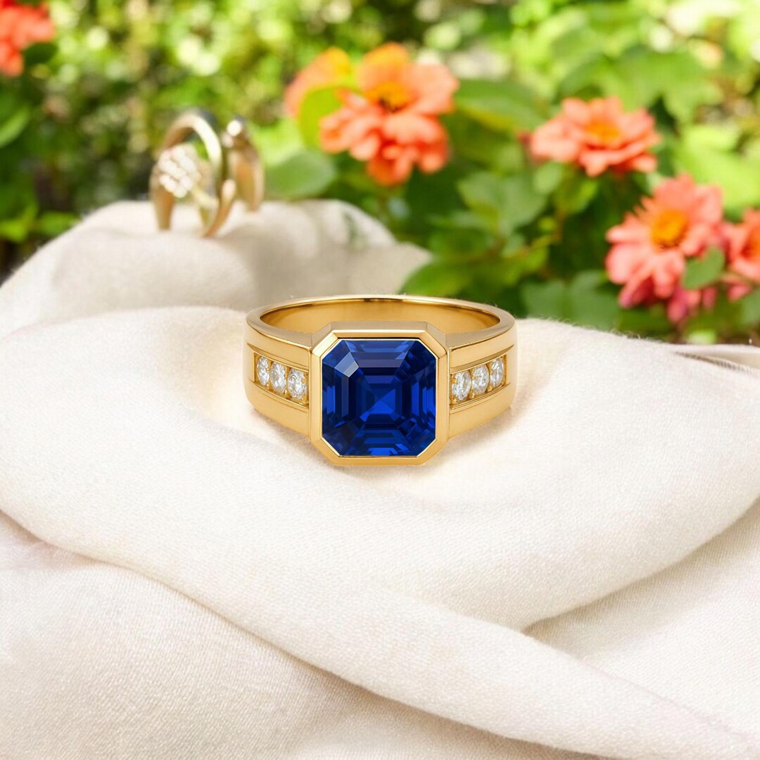 Ring met blauwe saffier voor heren: 18 kt geelgouden omlijsting - Etsy ...