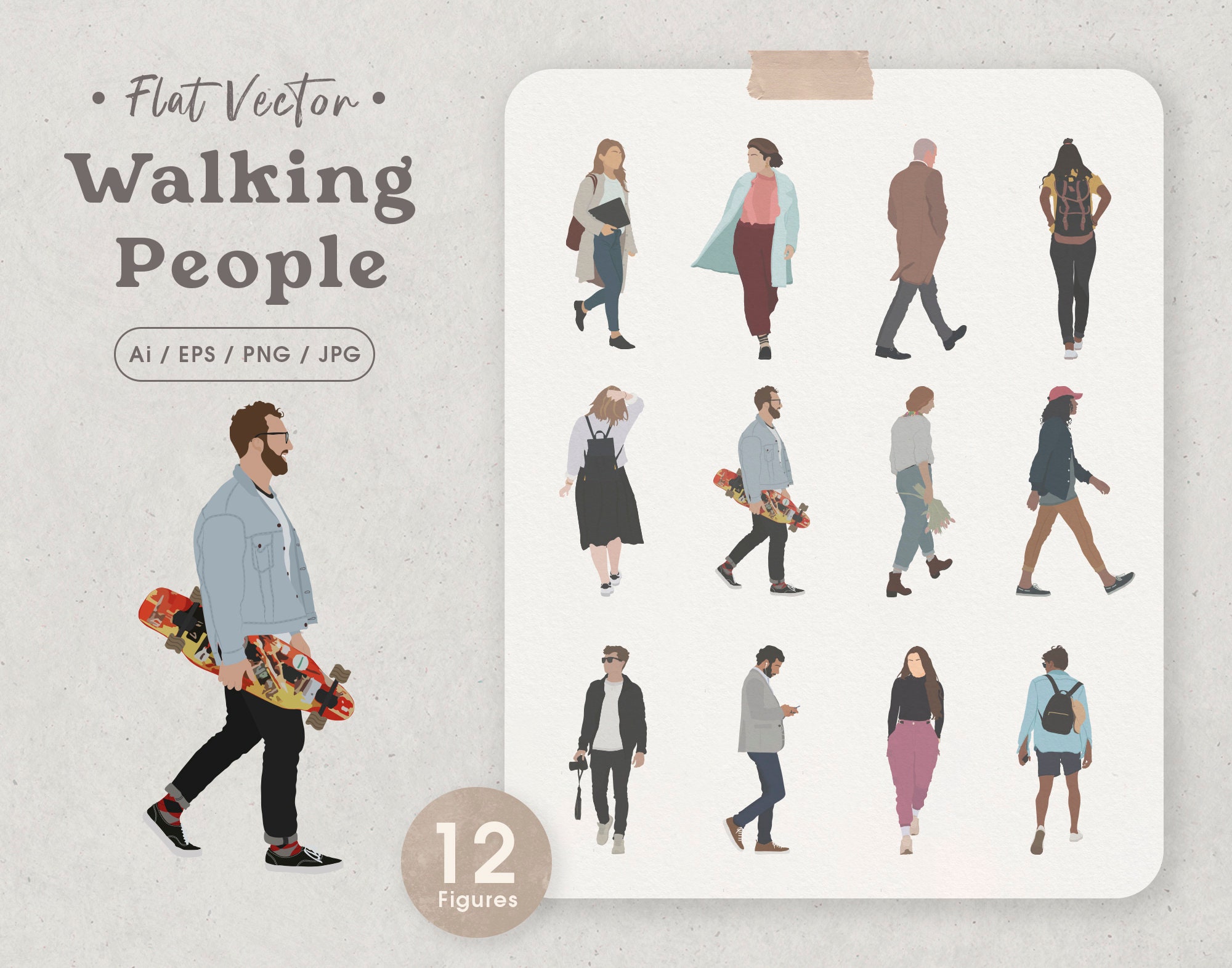 12 Flat Vector People - Walking People - Pack of Abstract Illustrations ...