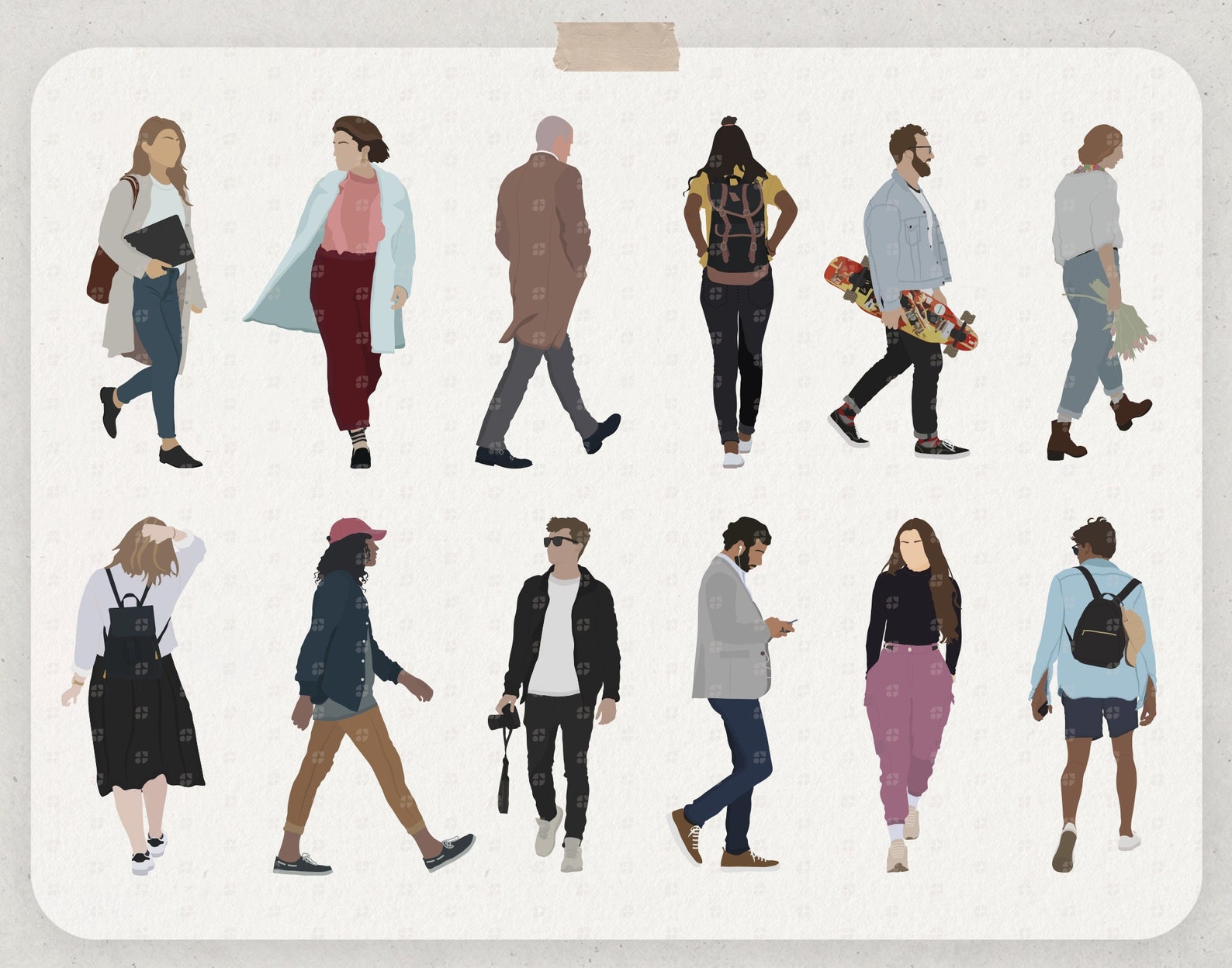 12 Flat Vector People - Walking People - Pack of Abstract Illustrations ...