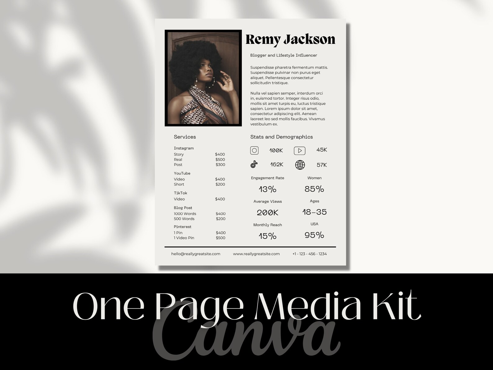 1 Page Influencer Media Kit Canva Template Instagram Media - Etsy