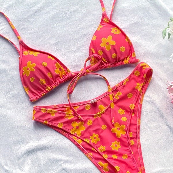 Deadstock Vintage Inspired Bikini Thong Style Green Floral Printed