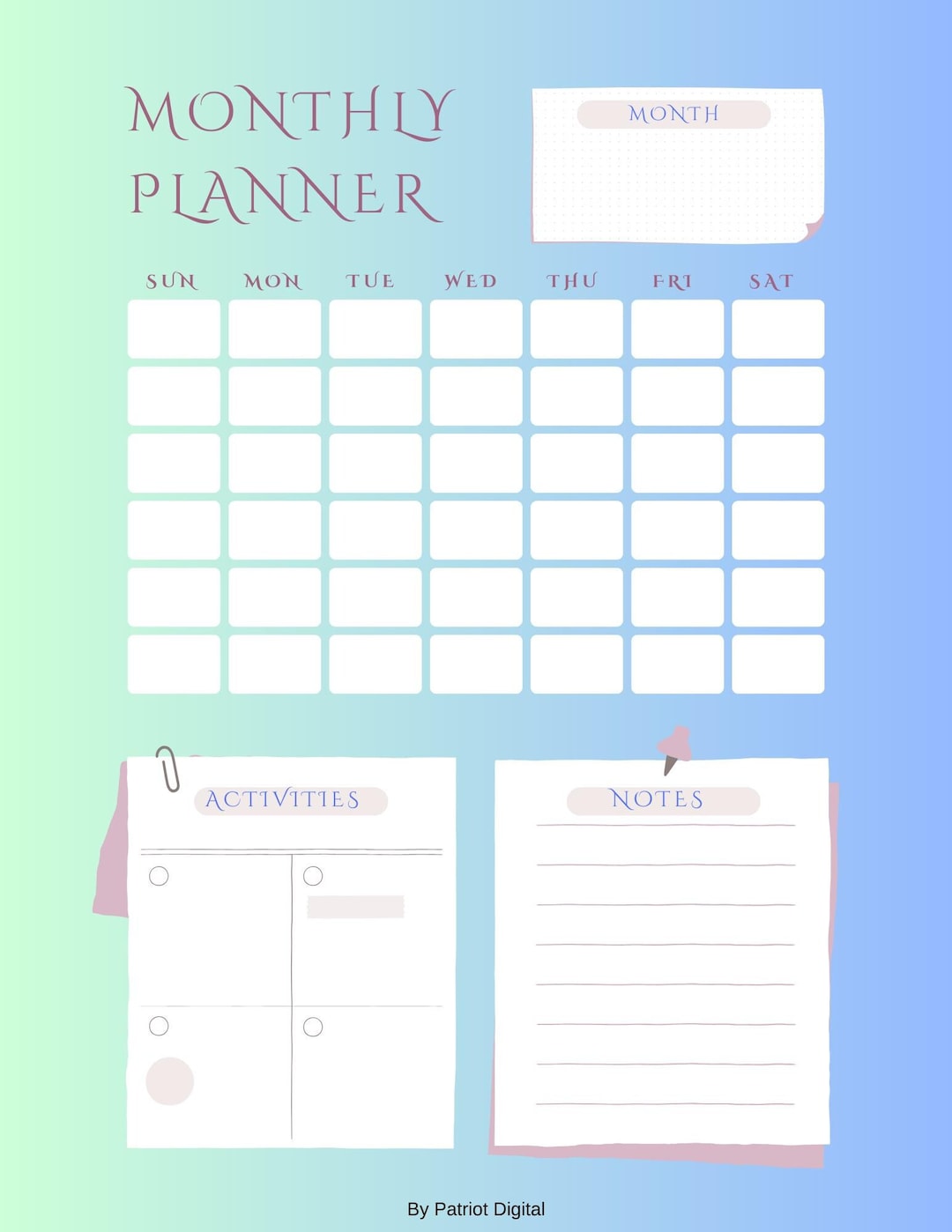 Monthly Printable Planner, Digital Planner, Undated Planner, Minimalist ...