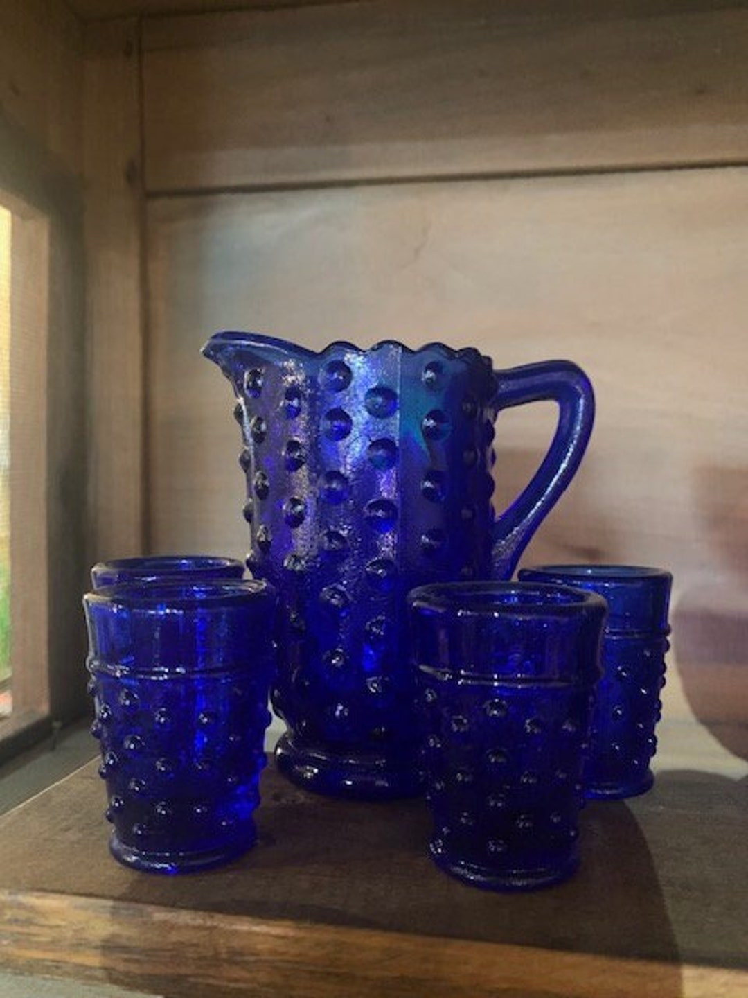 1960s Pitcher & Glasses, Children's Miniature, Hobnail Glass, Cobalt ...