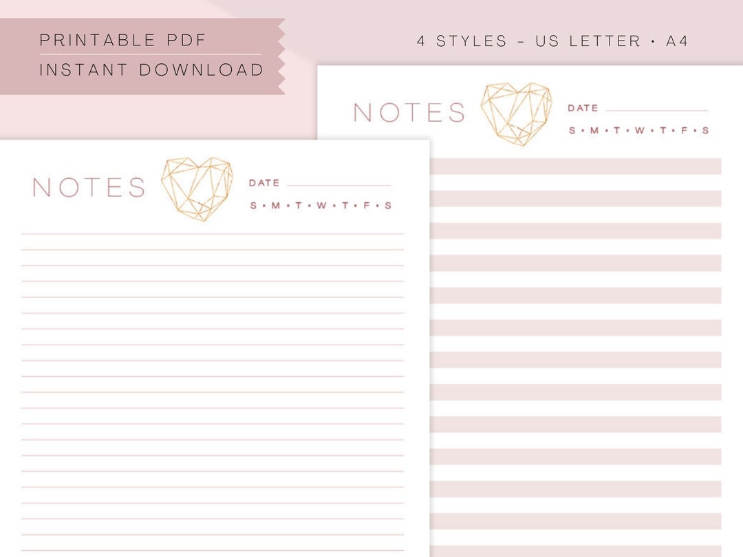 Minimalist Printable Note Pages, Geometric Heart Lined Paper for Note ...
