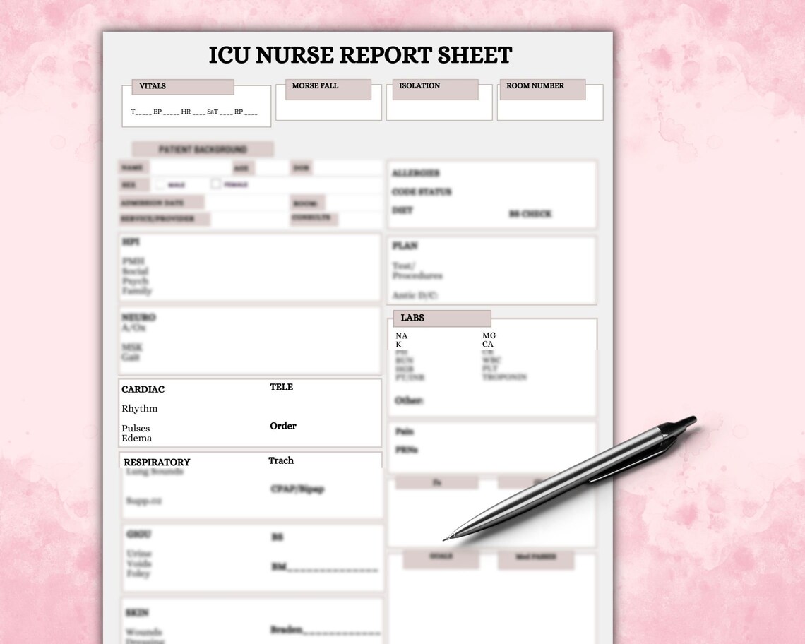 Nurse Report Sheet, Nursing Report Sheet, ICU Report Sheet, Labor and ...