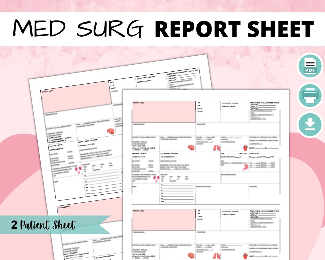 2 Patient Med Surg Nursing Report Sheet, ICU Template (digital Download ...