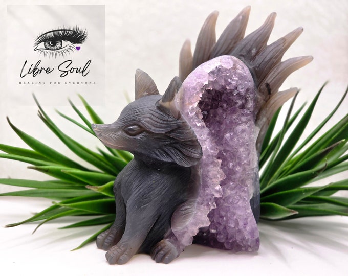 Large Agate Nine Tail Fox Crystal Carving W/ Amethyst Geode 1.7 Lbs and ...