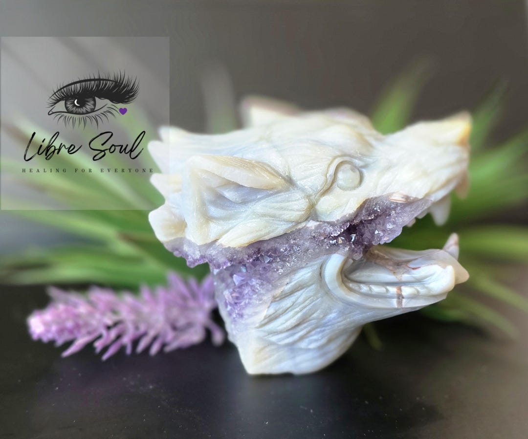 Natural Agate Wolf Head Geode Crystal Hand Carving With Amethyst Druzy ...