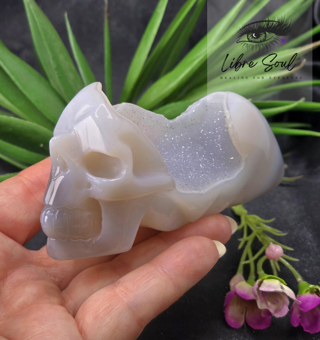 Natural Agate Alien Skull With Druzy Crystal Skull Carving 4 - Etsy