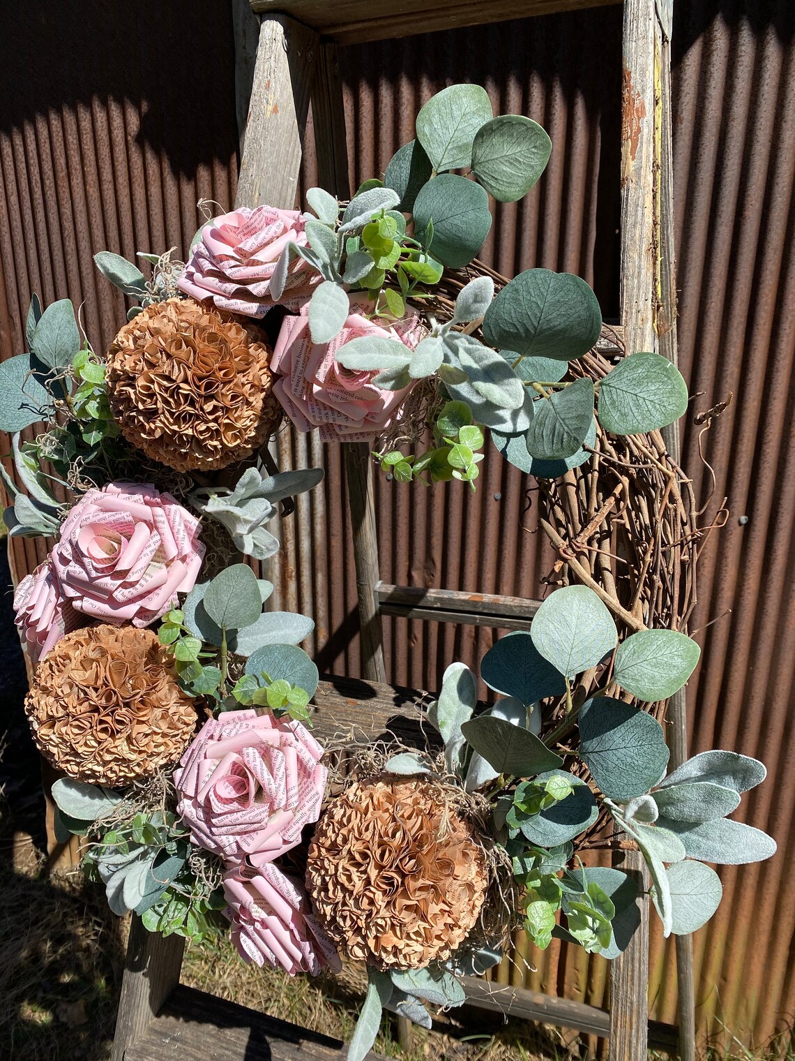 Book Page Nutmeg Hydrangeas and Pink Parfait Roses Grapevine Wreath - Etsy