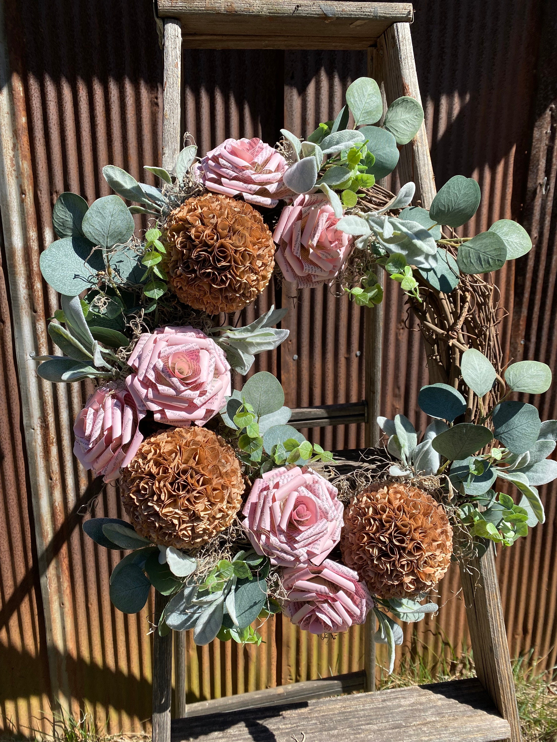 Book Page Nutmeg Hydrangeas and Pink Parfait Roses Grapevine Wreath - Etsy