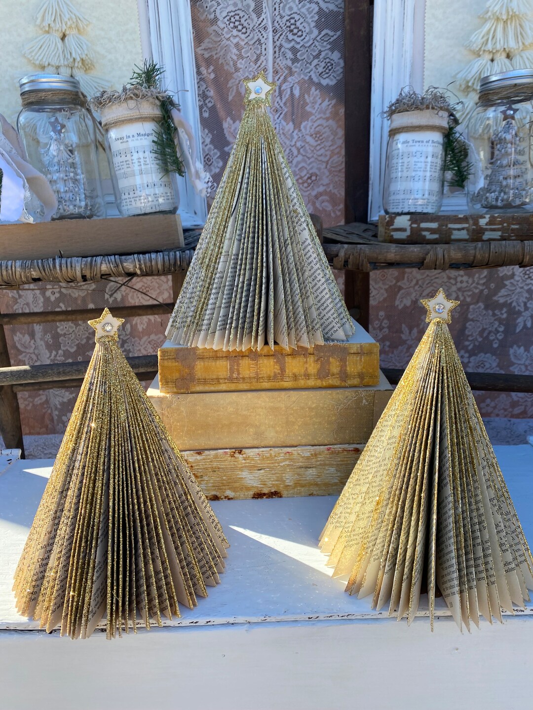 Book Page Christmas Trees Gold - Etsy