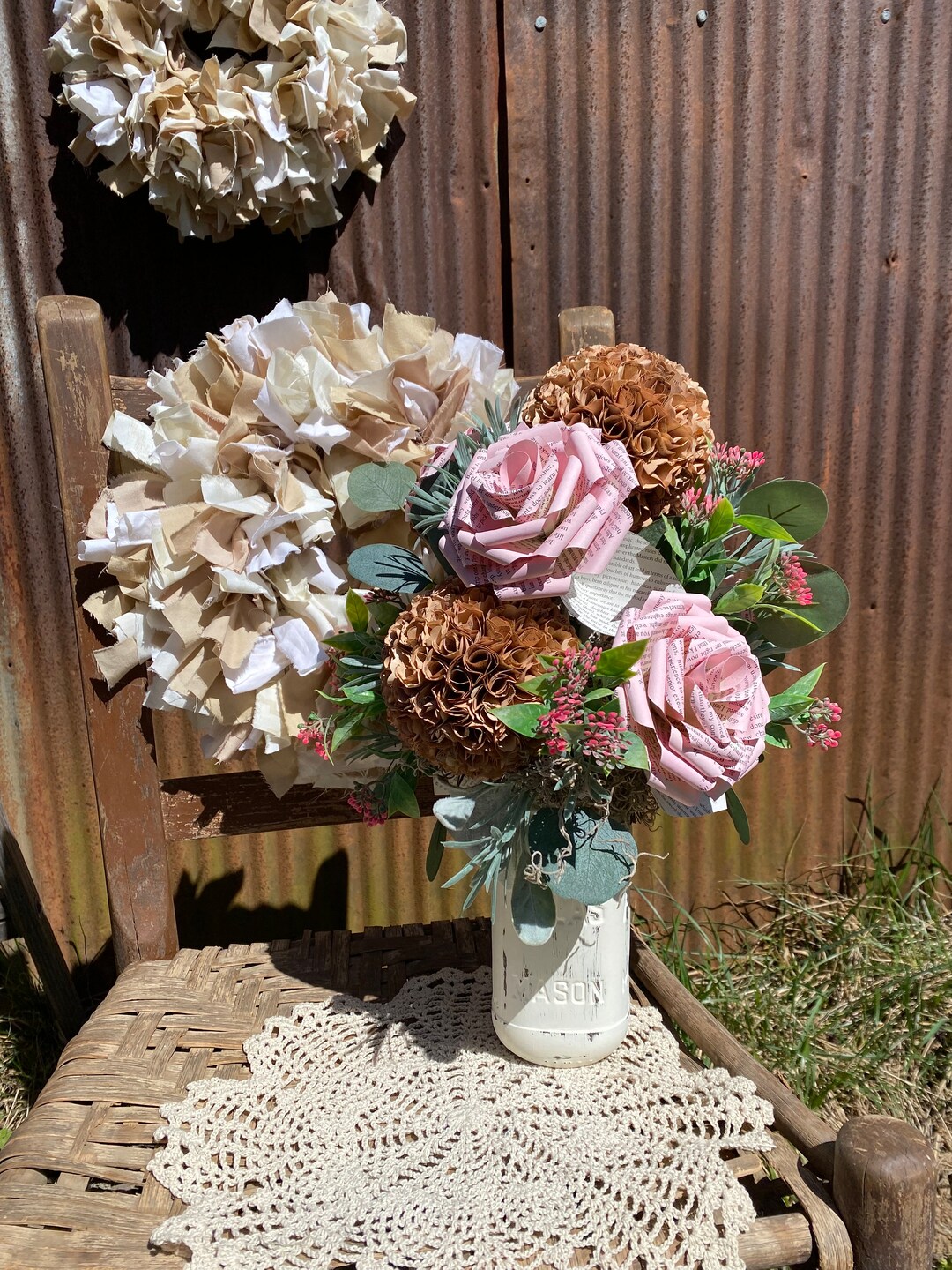 Pink Parfait Book Page Roses and Nutmeg Hydrangeas Arrangement - Etsy
