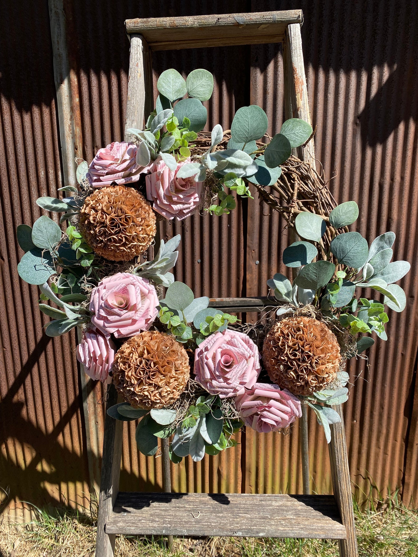 Book Page Nutmeg Hydrangeas and Pink Parfait Roses Grapevine Wreath - Etsy
