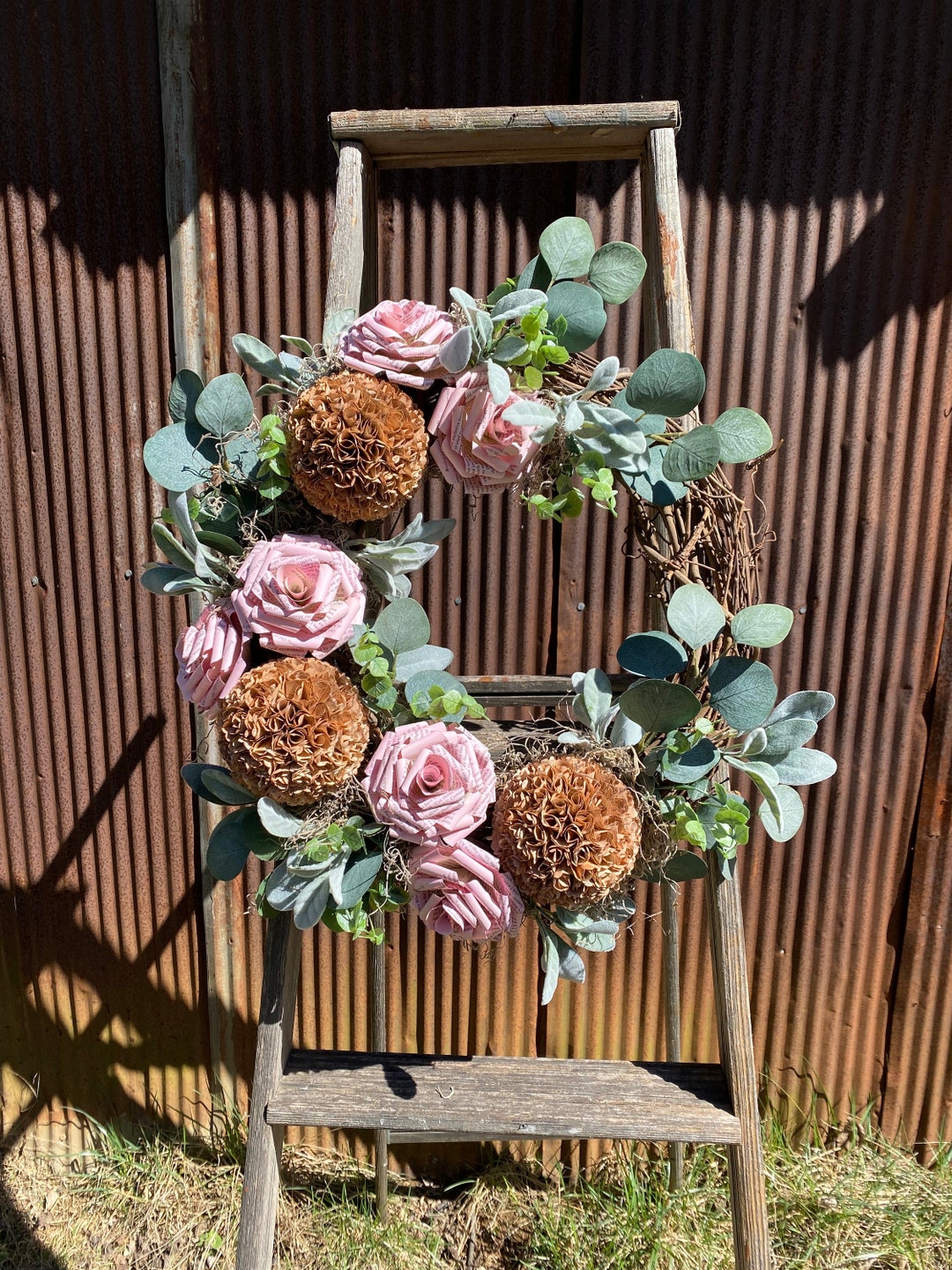 Book Page Nutmeg Hydrangeas and Pink Parfait Roses Grapevine Wreath - Etsy