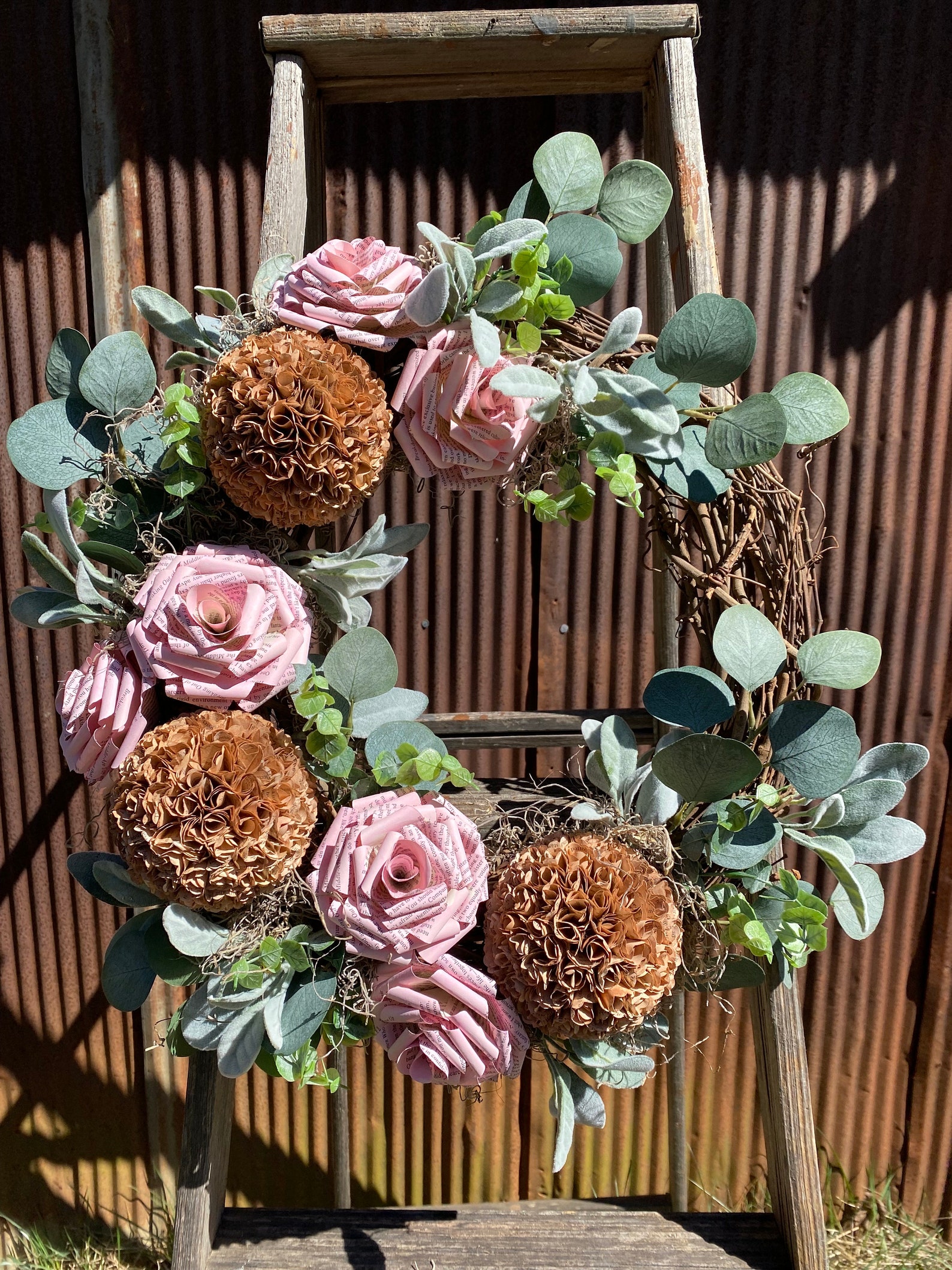 Book Page Nutmeg Hydrangeas and Pink Parfait Roses Grapevine Wreath - Etsy