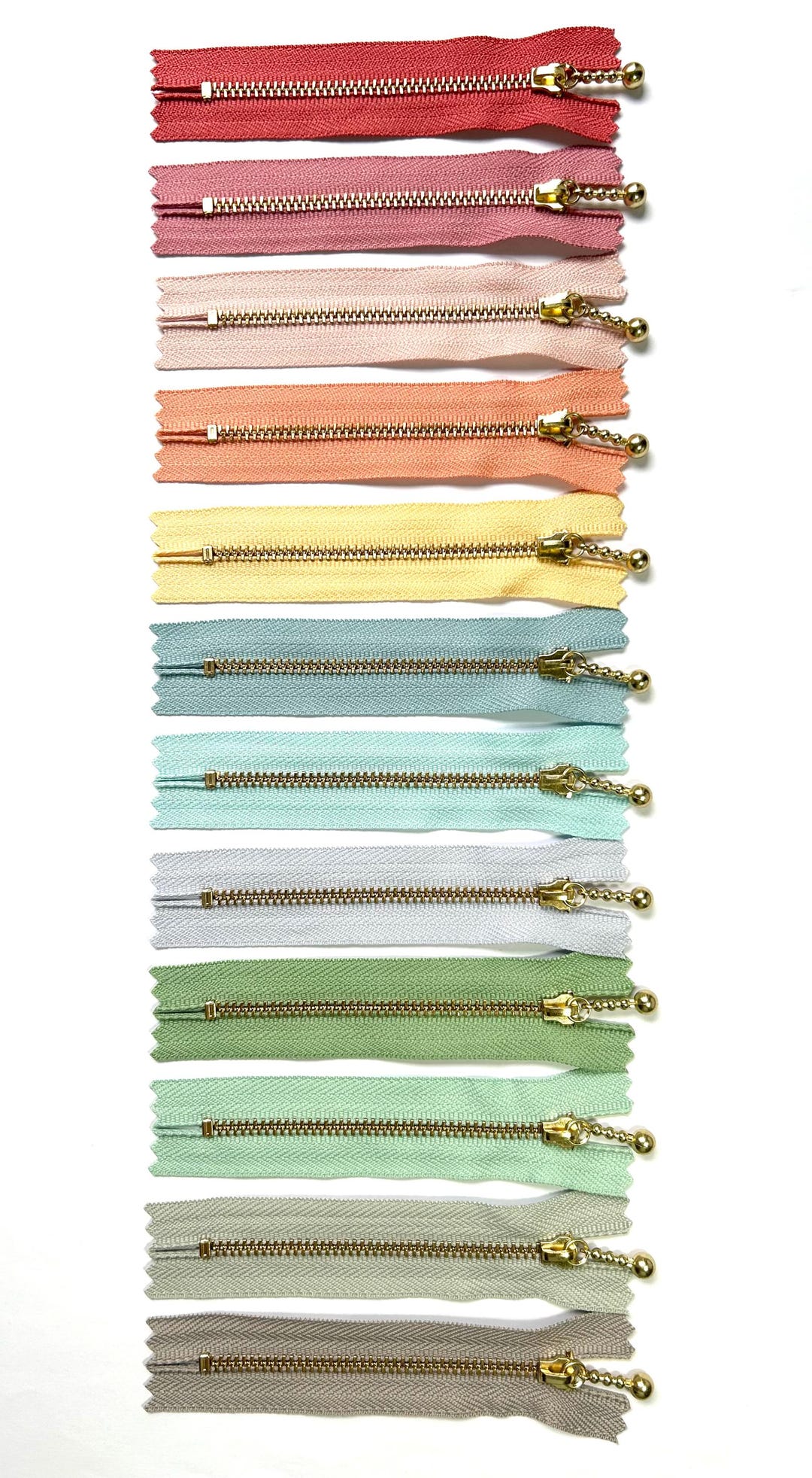 YKK Zips/zippers 10cm, Pastel Colour, Metallic Gold Coloured Ball ...