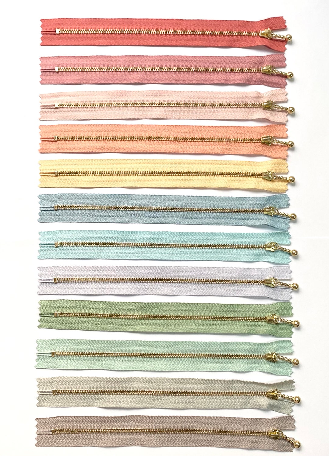 YKK Zips/zippers 20cm, Pastel Colour, Metallic Gold Coloured Ball ...