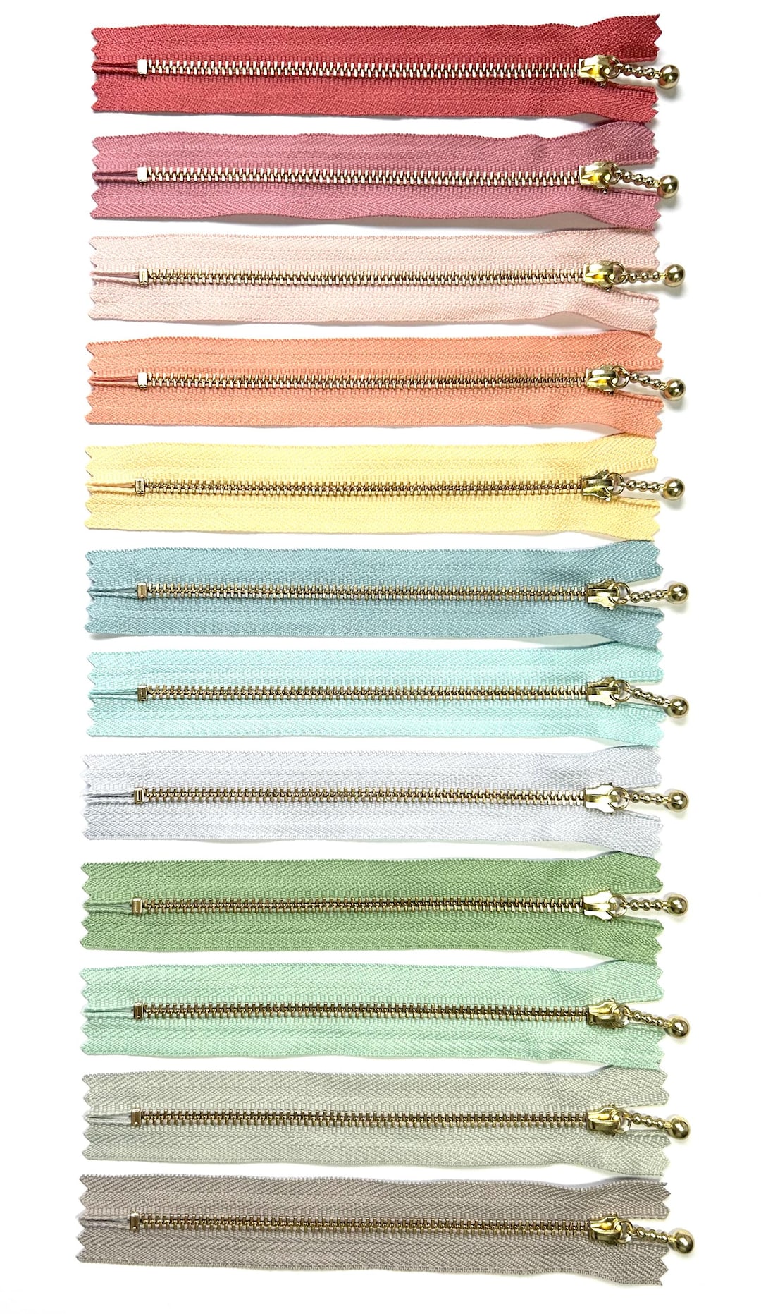 YKK Zips/zippers 14cm, Pastel Colour, Metallic Gold Coloured Ball ...