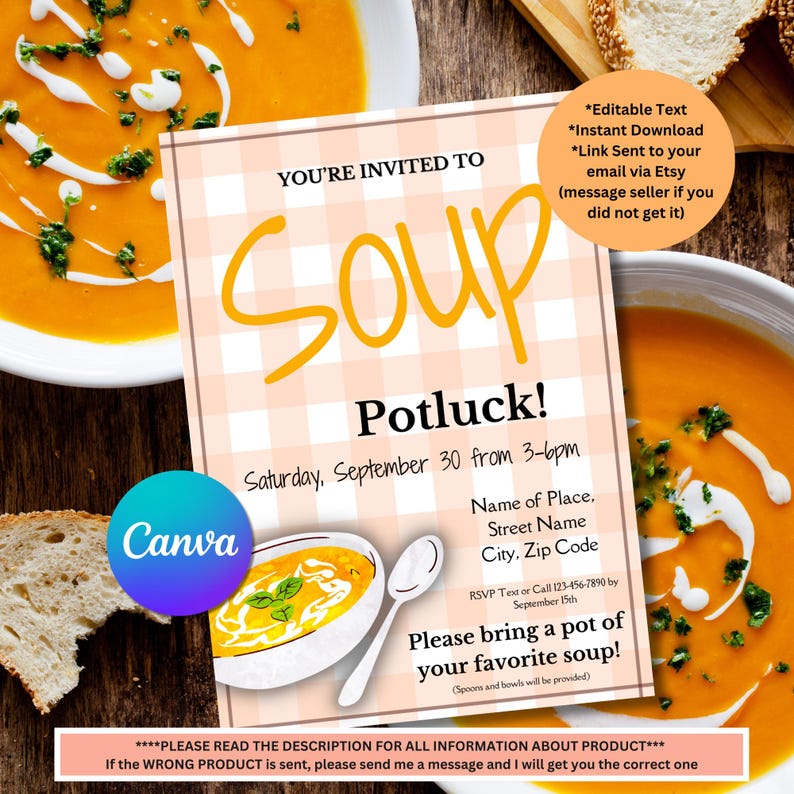 Soup Potluck Party Invite Template | Editable Soup Potluck| Soup ...