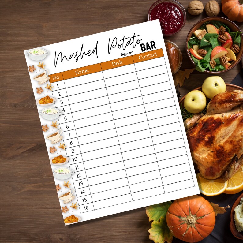Thanksgiving Sign up Sheet | Thanksgiving Mashed Potato Bar | Fall Sign ...