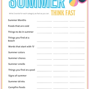 Think Fast Summer Game | Summer Printable Games | Summer Activities ...