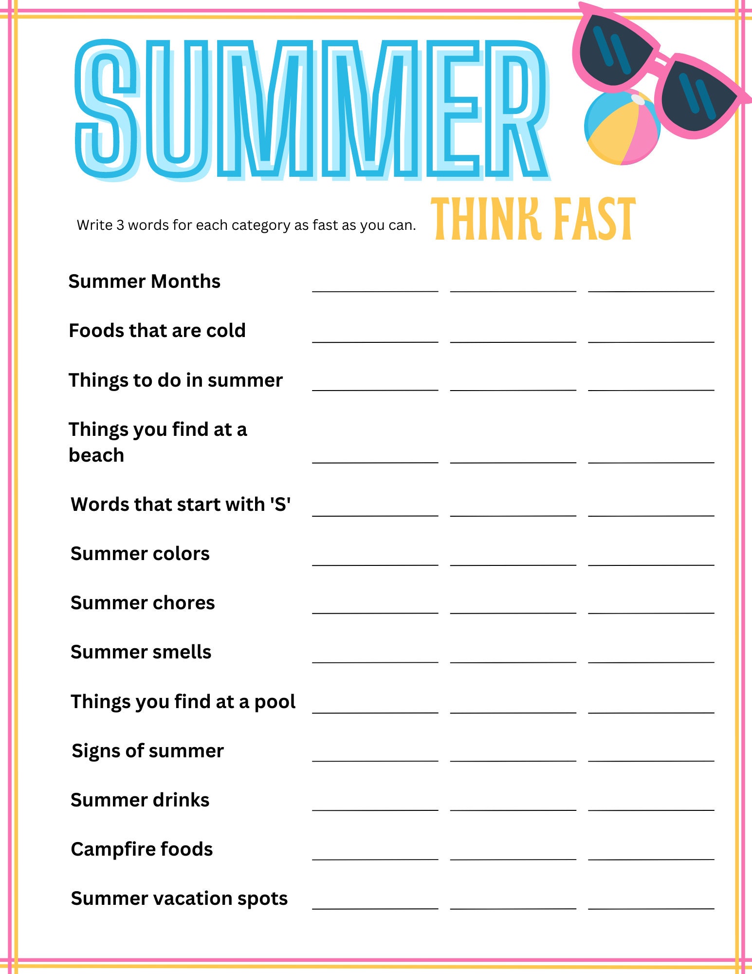 Think Fast Summer Game | Summer Printable Games | Summer Activities ...