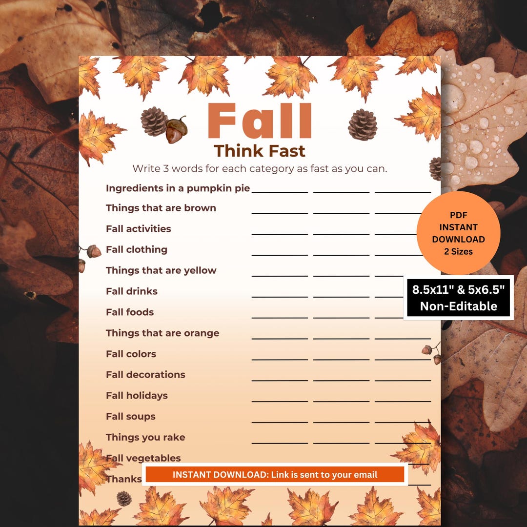 Fall Think Fast Game | Printable Fall Party Game | Autumn Game | Fall ...