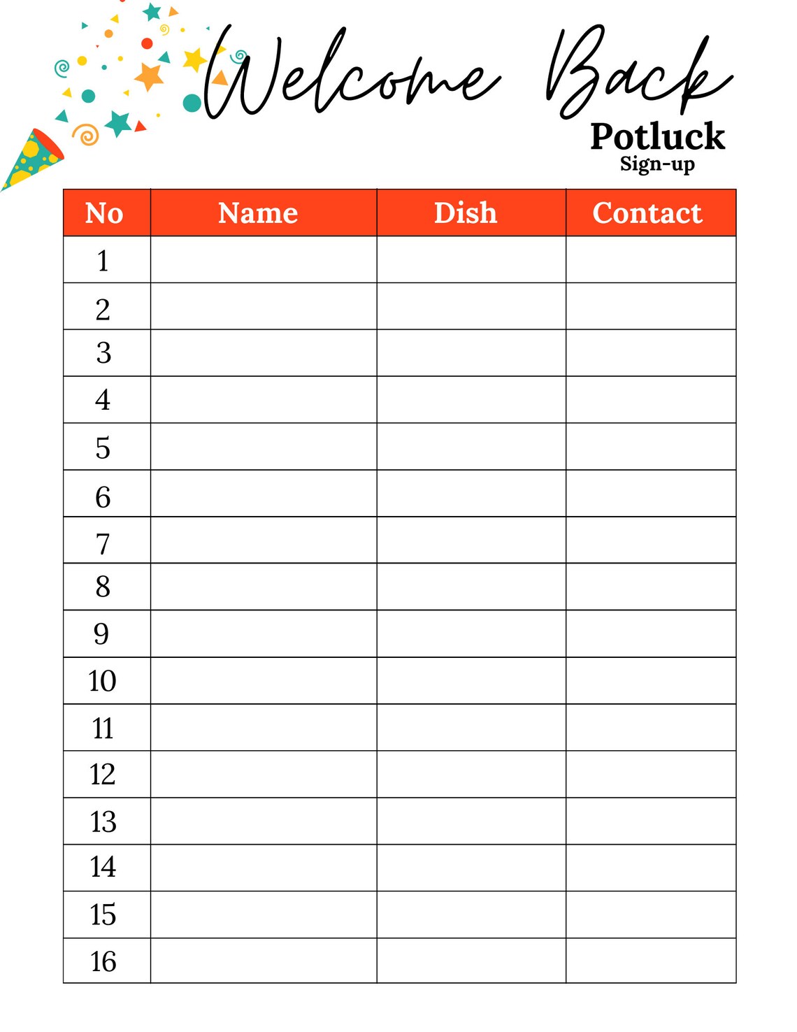 Potluck Sign up Sheet Welcome Back Potluck Sign up Sheet - Etsy Canada