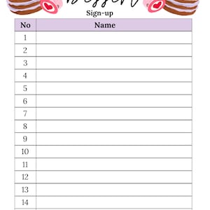 Dessert Sign up Sheet | Dessert Sheet | Printable Dessert Sign up Sheet ...