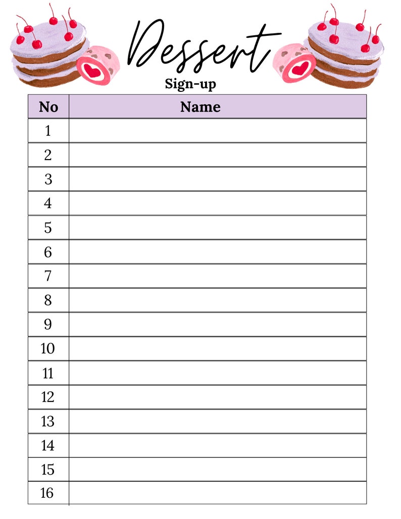 Dessert Sign up Sheet | Dessert Sheet | Printable Dessert Sign up Sheet ...