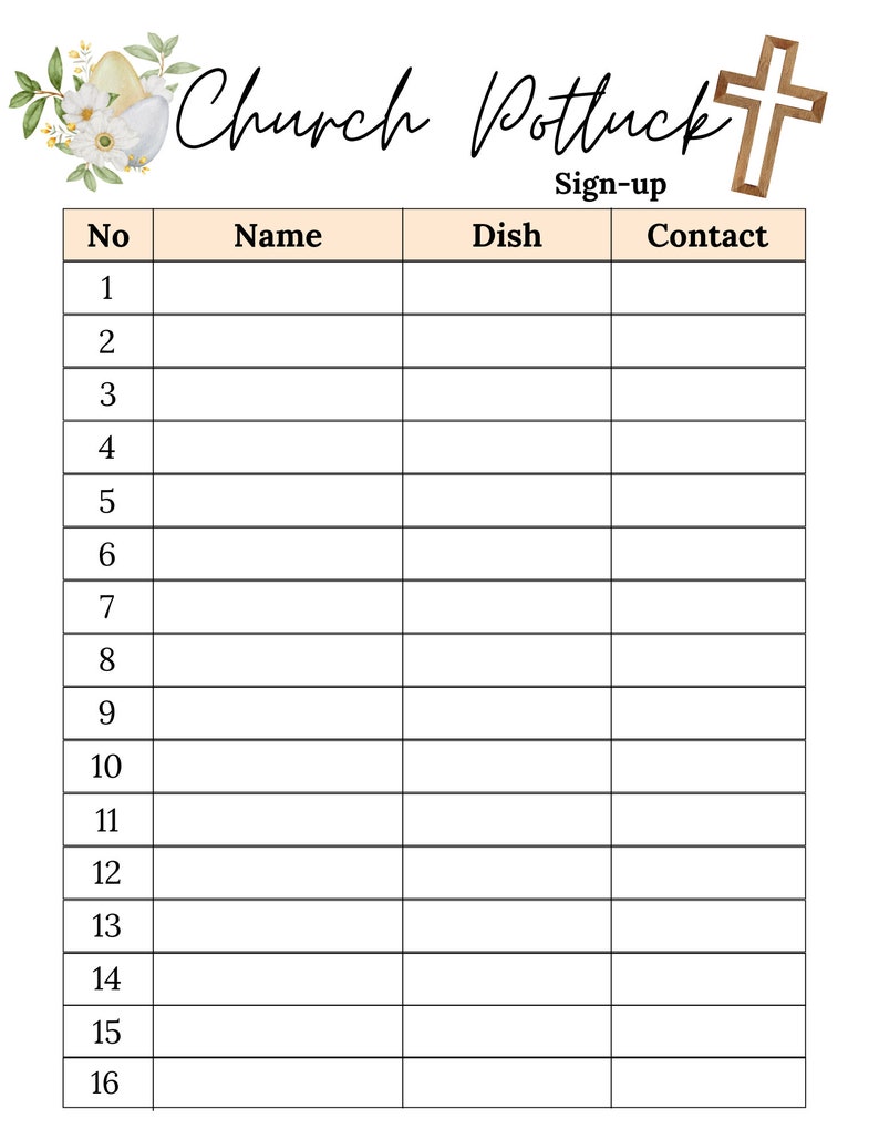 Potluck Sign up Sheet | Church Potluck Sign up Sheet | Church Potluck ...