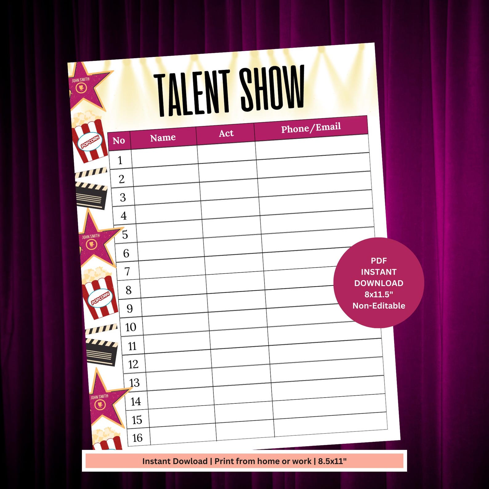 Talent Show Sign up Sheet | Talent Show Sheet | Printable Talent Show ...