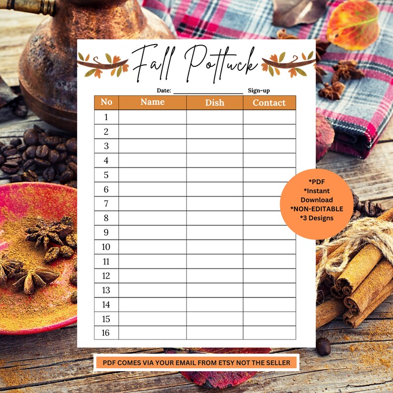 Fall Potluck Sign up Sheet | School Potluck Sign up Sheet ...