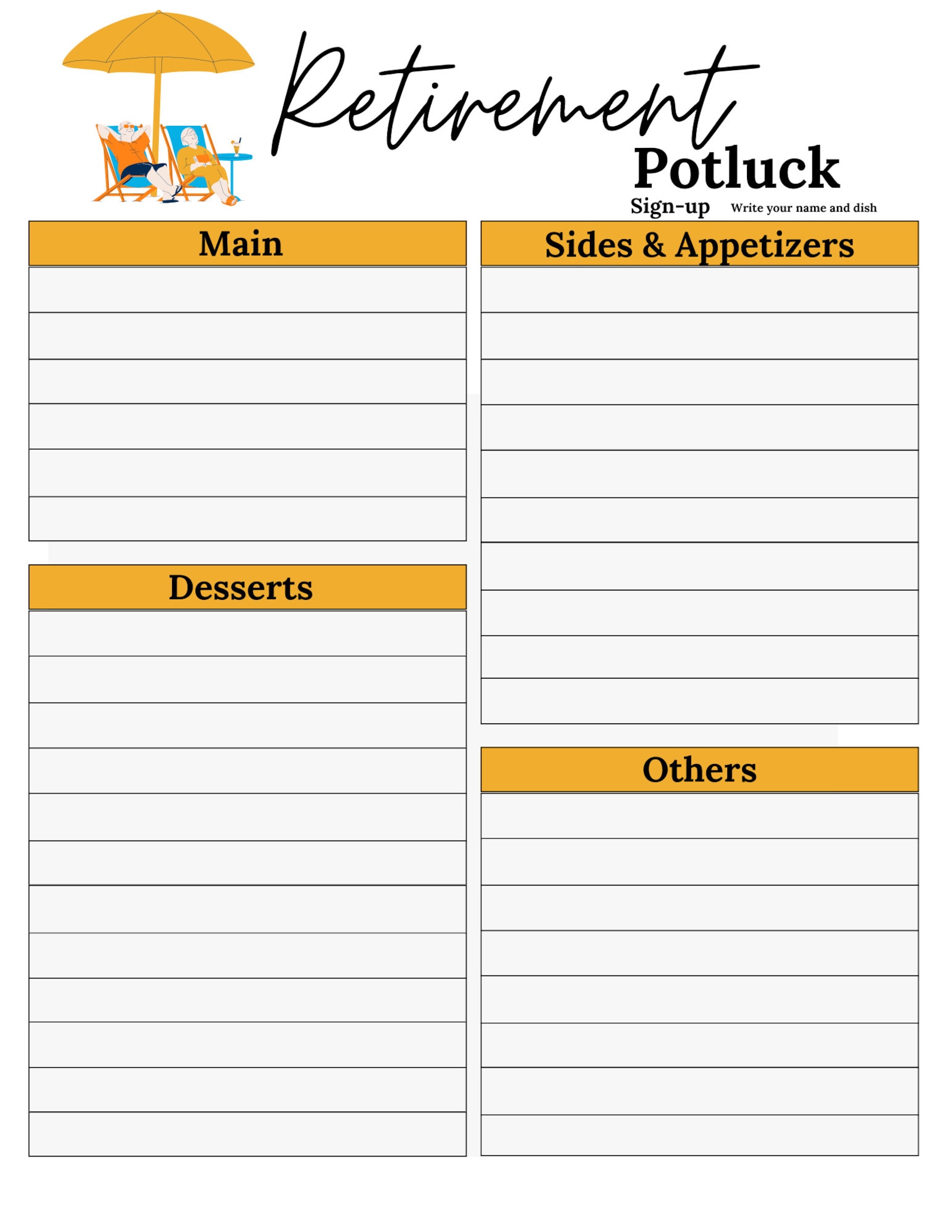 Potluck Sign up Sheet Retirement Potluck Sign up Sheet Retirement ...