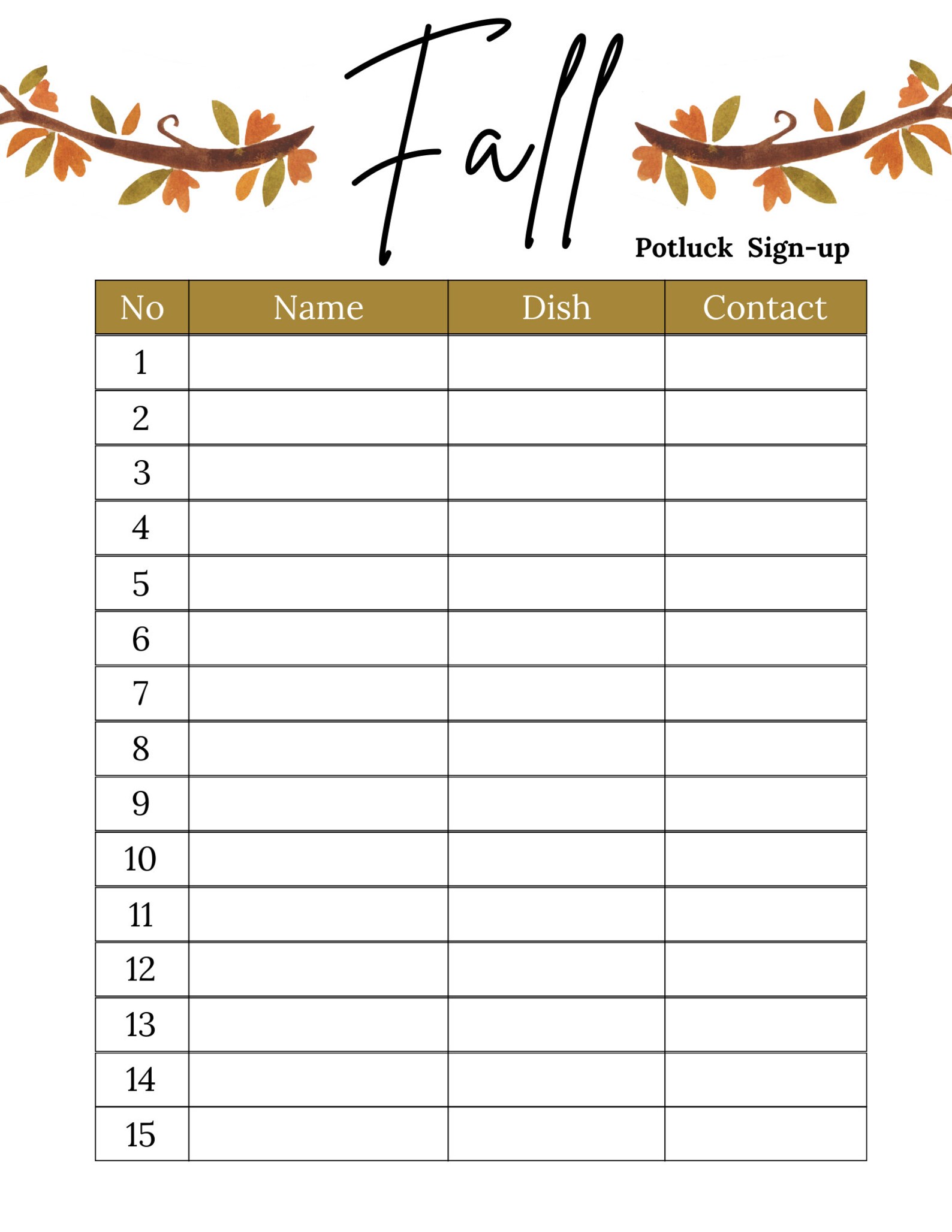 Potluck Sign up Sheet Fall Potluck Sign up Sheet - Etsy
