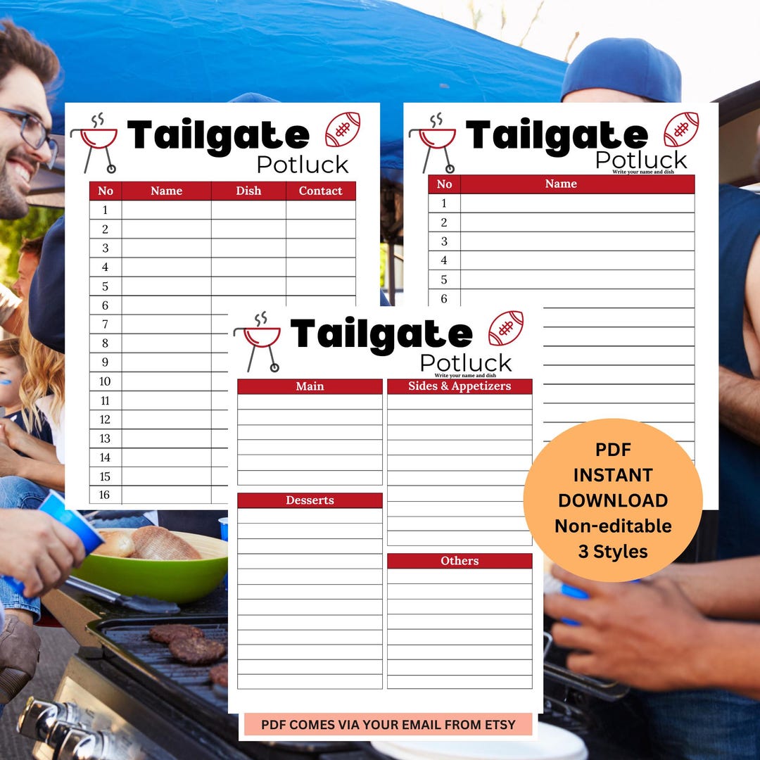 Tailgate Potluck Sign up Sheet | Potluck Sign up Sheet | Football Party ...