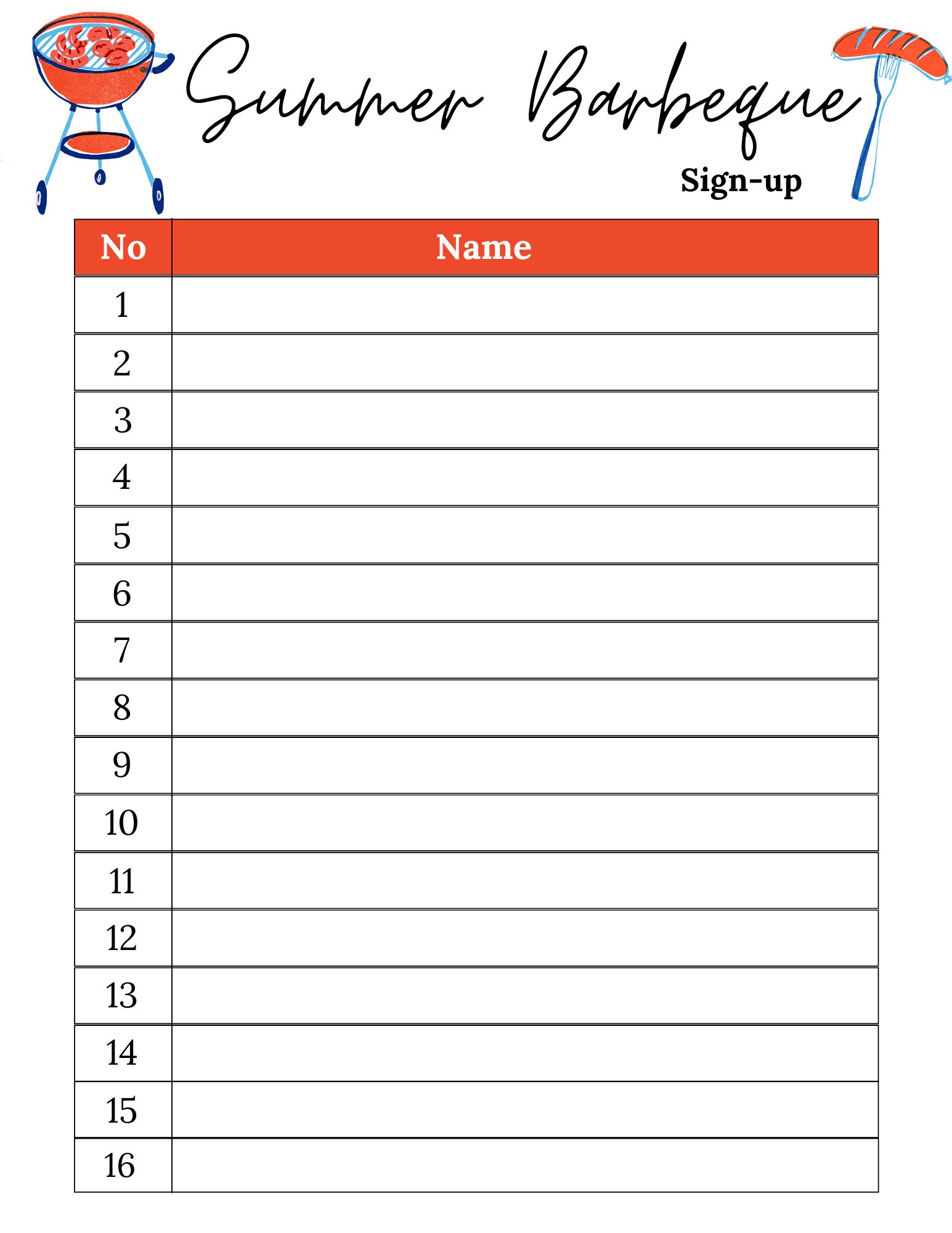 Summer Barbeque Potluck Sign up Sheet | Summer Potluck Sheet | Summer ...