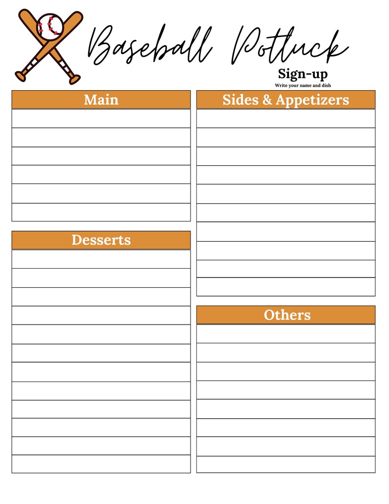 Baseball Potluck Sign up Sheet | Baseball Potluck Sheet | Sports ...