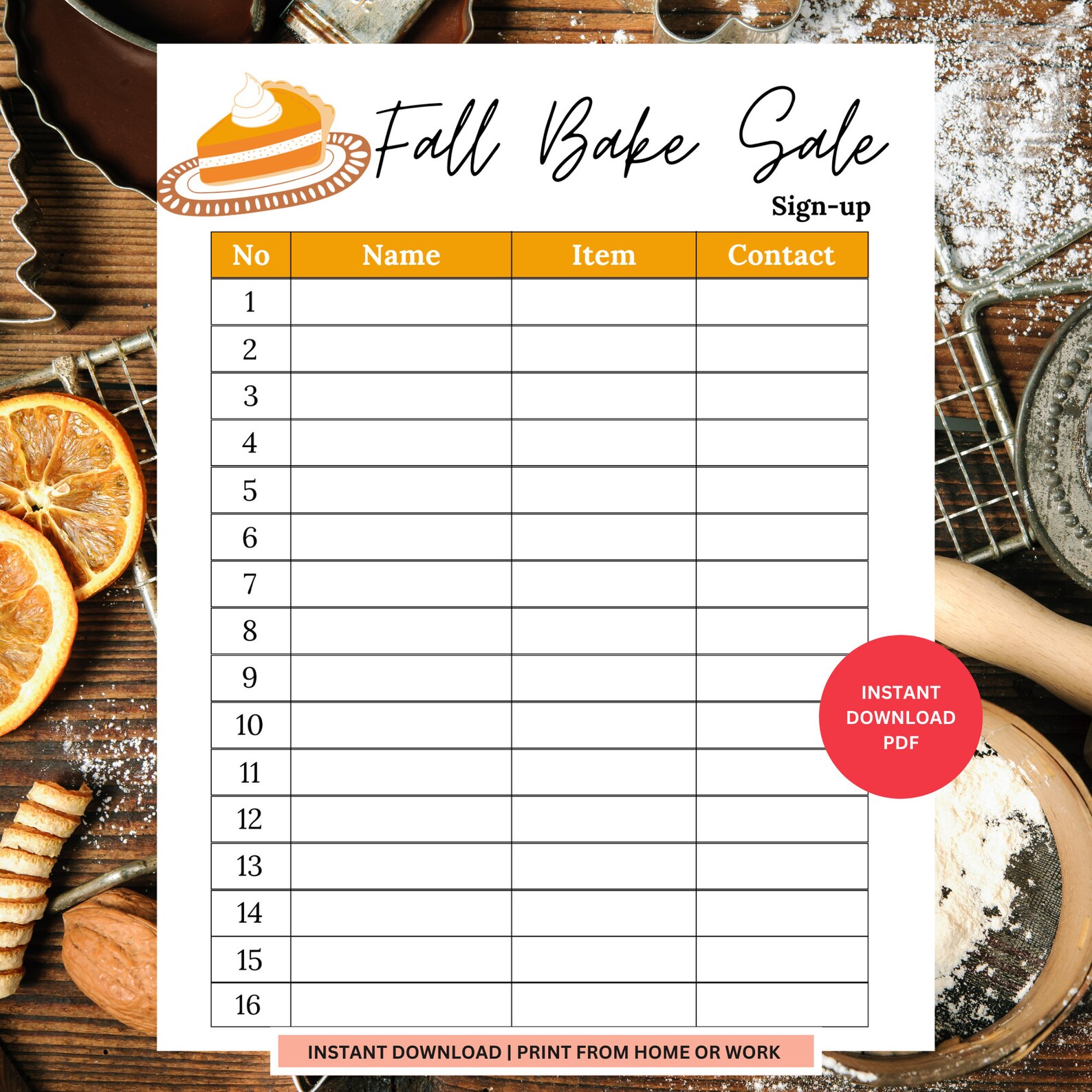 Fall Bake Sale Sign up Sheet | Bake Sale Sheet | Printable Bake Sale ...
