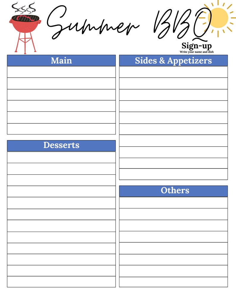 Summer Potluck Sign up Sheet | Summer Potluck Sheet | Summer Potluck ...