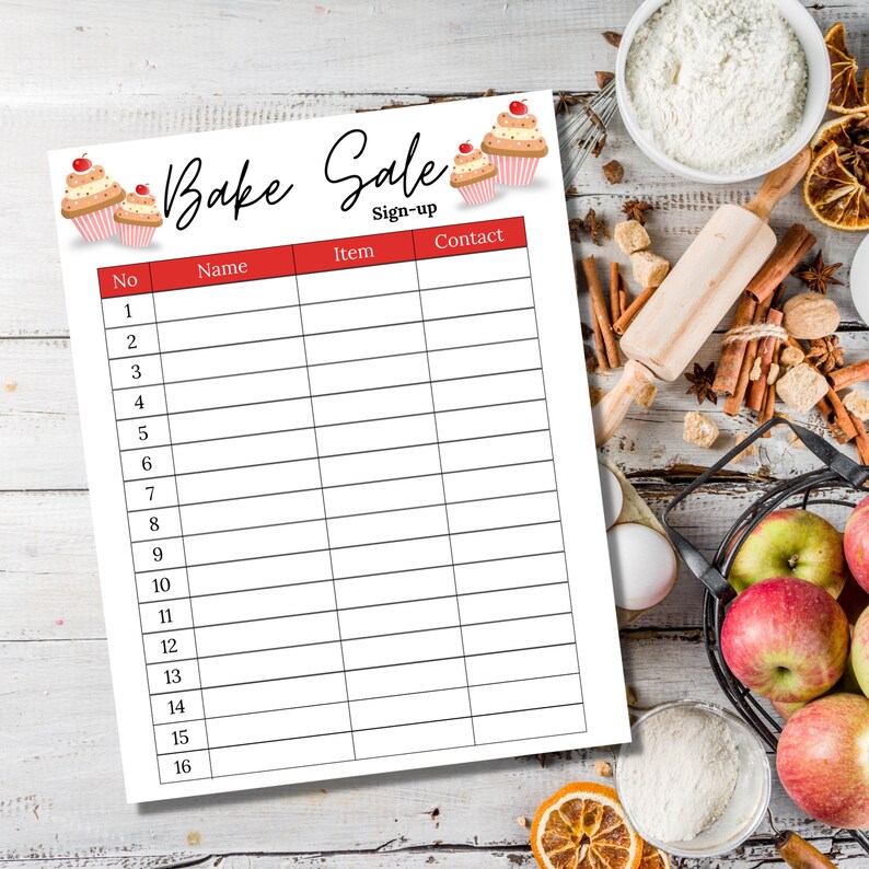 Bake Sale Sign up Sheet | Bake Sale Sheet | Printable Bake Sale Sign up ...