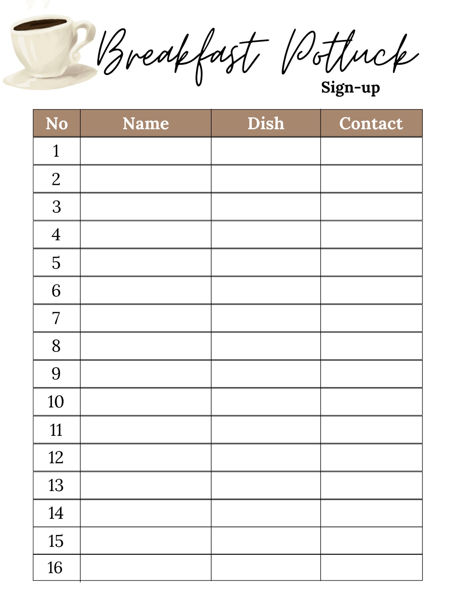 Potluck Sign up Sheet Breakfast Potluck Sign up Sheet Breakfast Potluck ...
