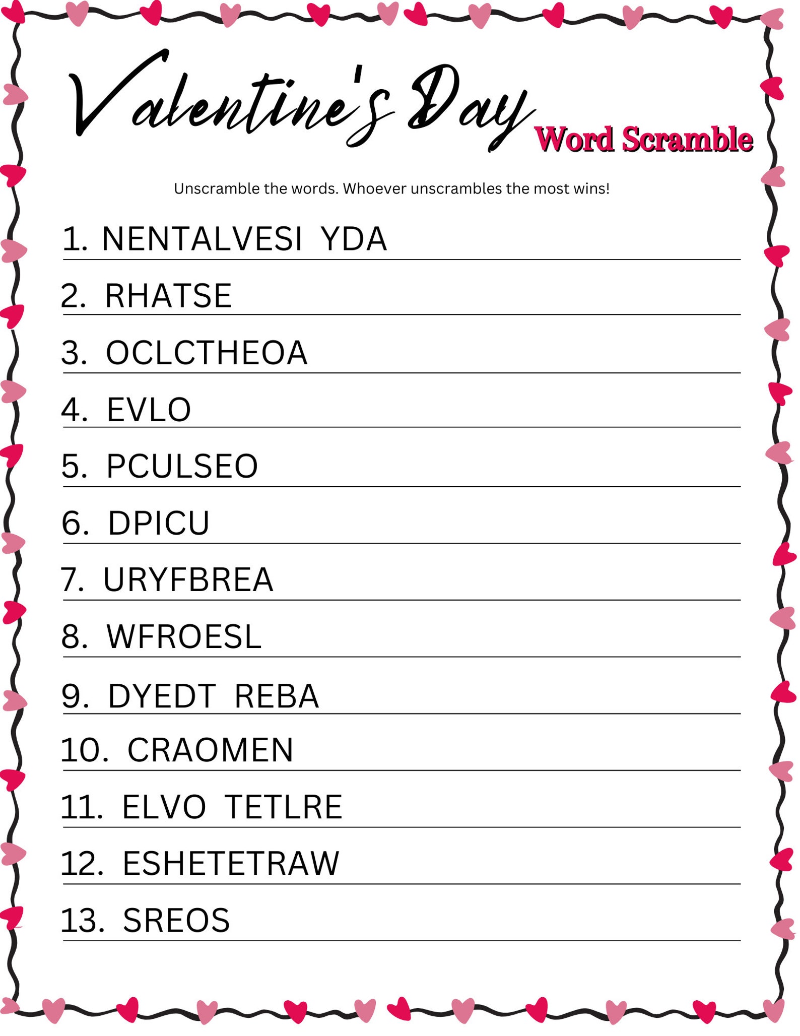 Word Scramble Game Valentines | Valentines Word Scramble Game ...