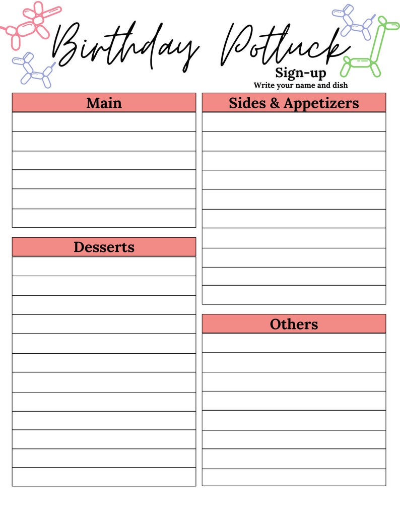 Potluck Sign up Sheet | Birthday Potluck Sign up Sheet | Birthday ...