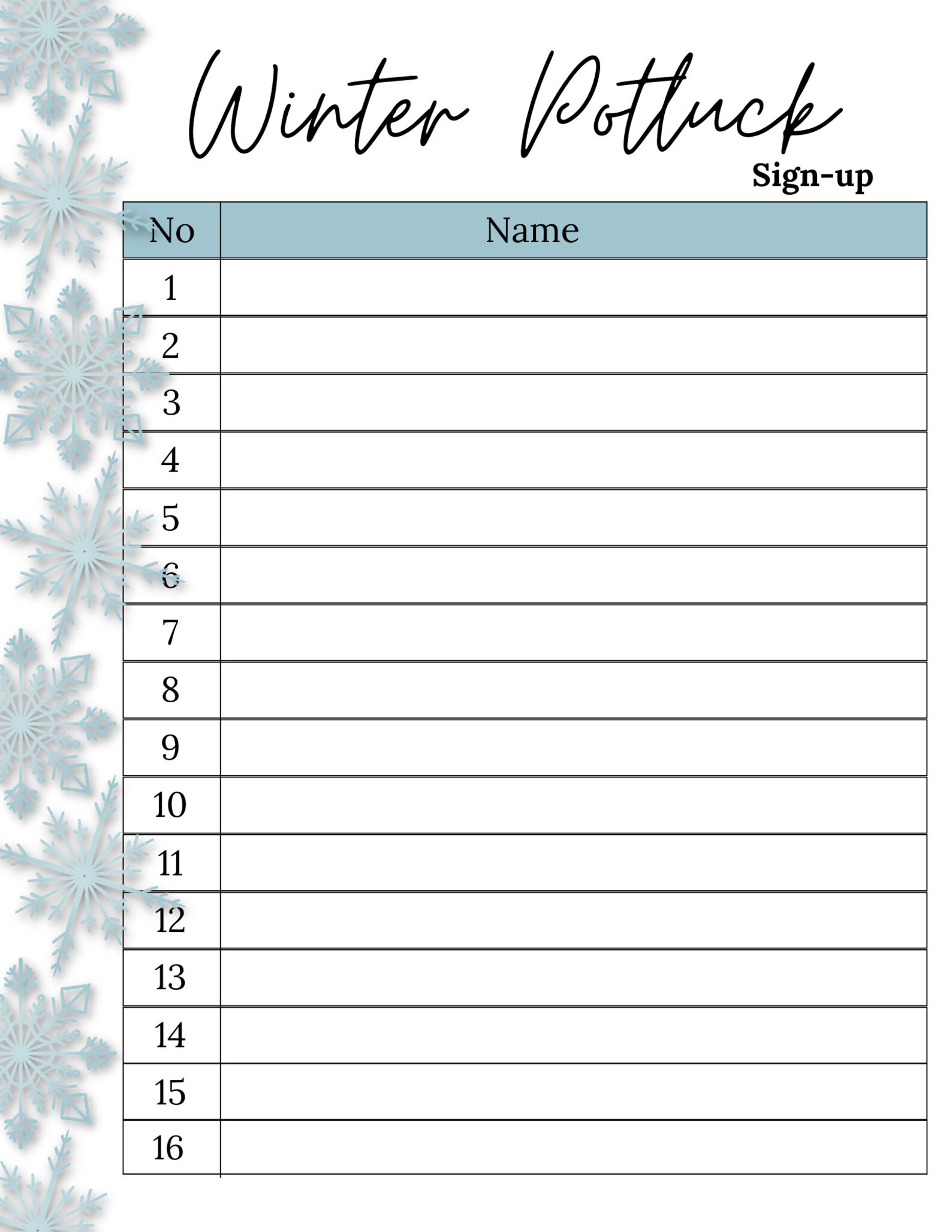 Potluck Sign up Sheet Winter Potluck Sign up Sheet - Etsy