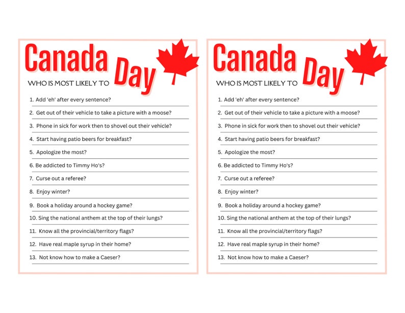 Who is Most Likely to Canada Day Game | July 1st Printable Games ...