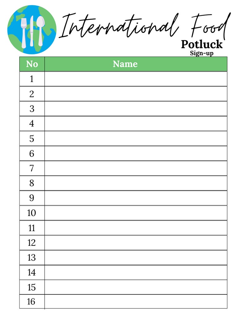 Potluck Sign up Sheet | International Food Potluck Sign up Sheet ...